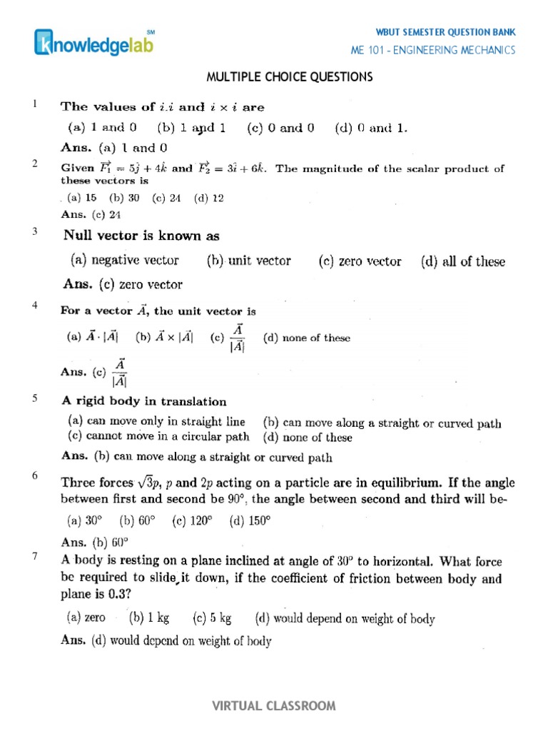 Multiple Choice Questions: ME 101 Engineering Mechanics | PDF Multiple Choice Questions: ME 101 Engineering Mechanics | PDF
