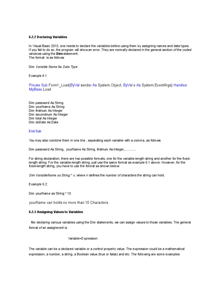 Declaring and Assigning Variables in Visual Basic 2010: Fundamental ...