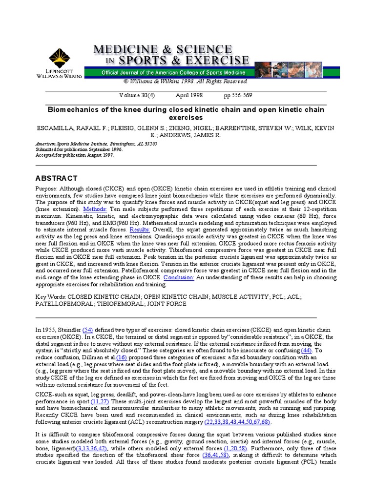 Biomechanics of The Knee During Closed Kinetic Chain and Open Kinetic ...
