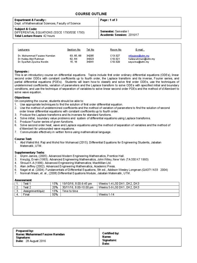 SSCE1793 CourseOutline 2016171 | PDF | Laplace Transform | Ordinary Differential Equation