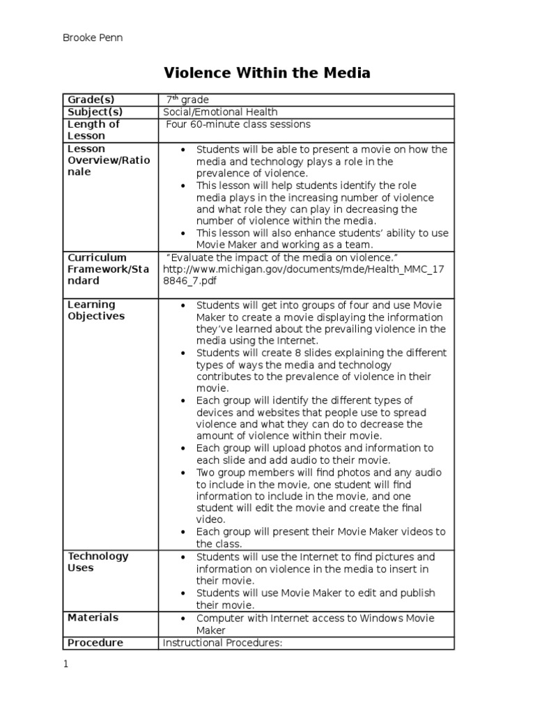 Violence Within The Media: Grade(s) Subject(s) Length of Lesson Lesson ...