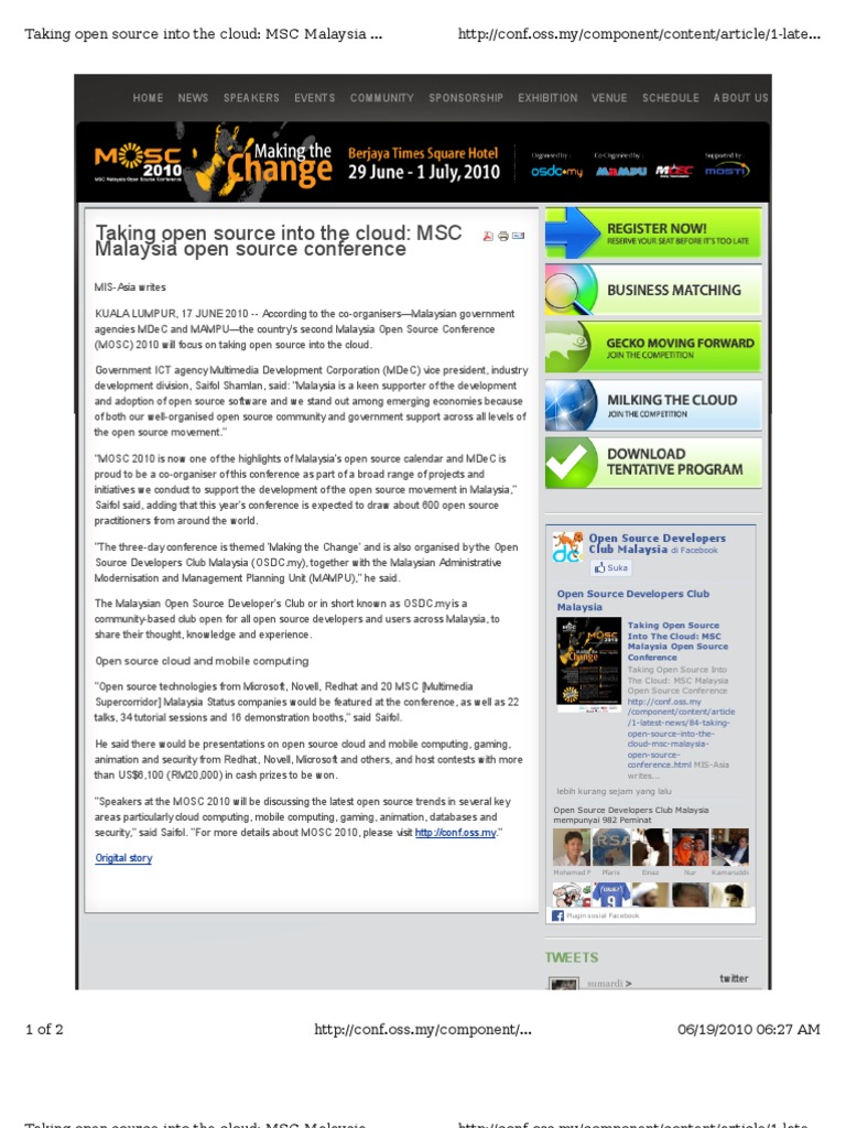 Taking Open Source Into The Cloud: MSC Malaysia Open Source Conference MOSC2010 | PDF | Malaysia ...
