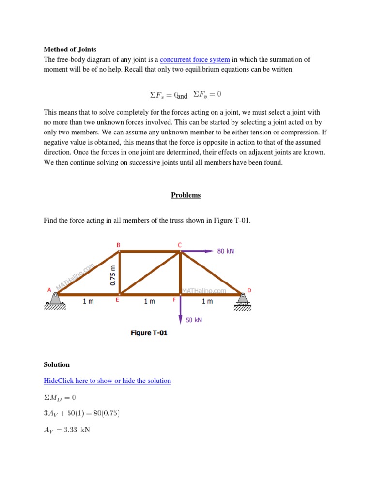Method of Joints Truss Analysis | PDF | Tension (Physics) | Truss