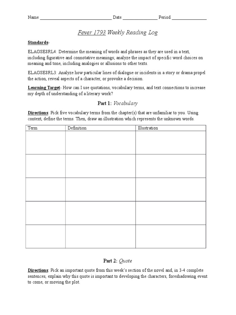 Fever 1793 Reading Log Template | PDF