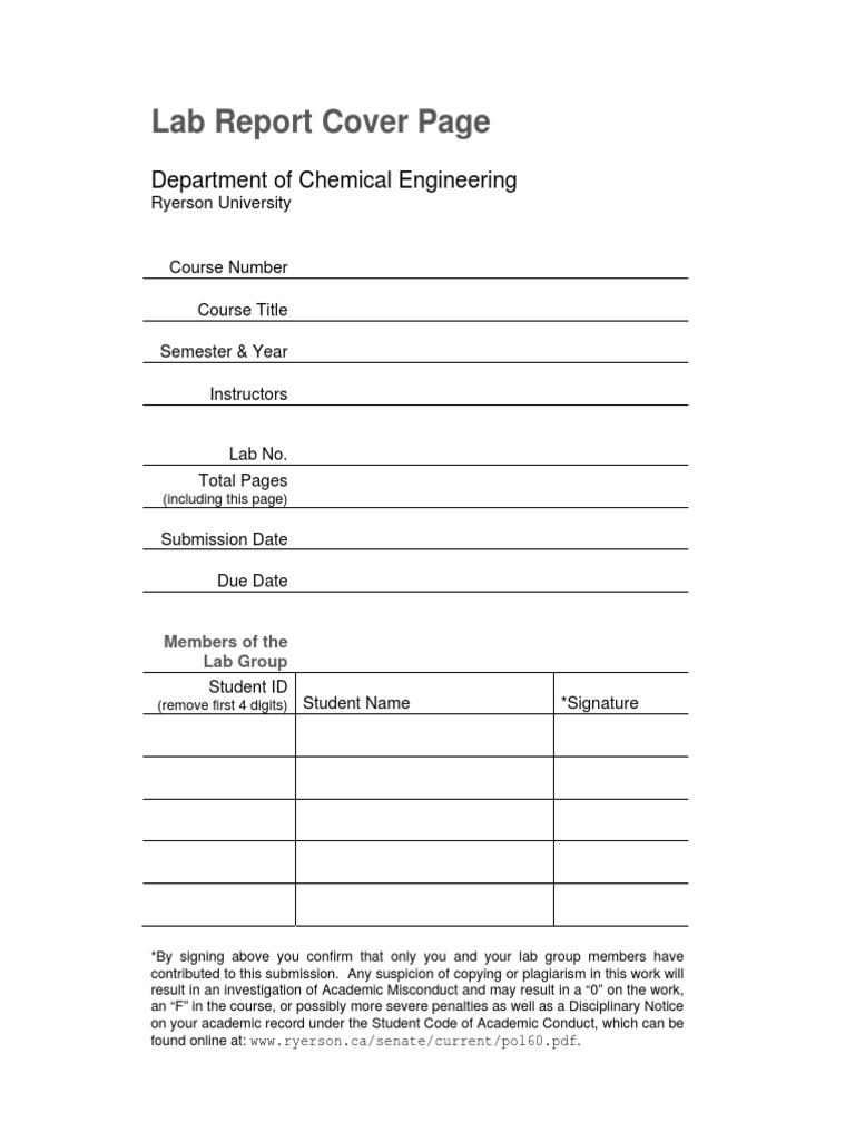 Lab Report Cover Page: Department of Chemical Engineering | PDF