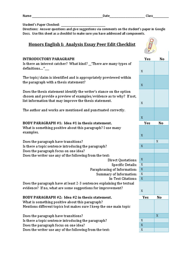 Honors English I: Analysis Essay Peer Edit Checklist | PDF | Citation ...