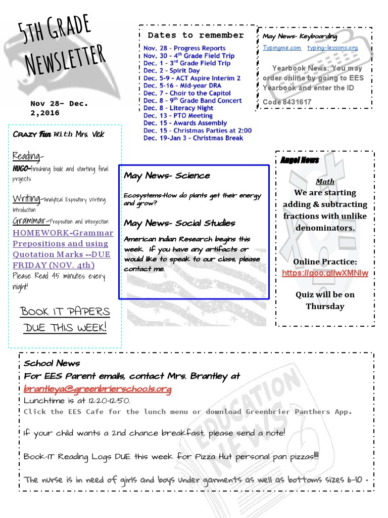 5th Grade Newsletter: Nov 28 - Dec 2 | PDF | Language Arts & Discipline ...