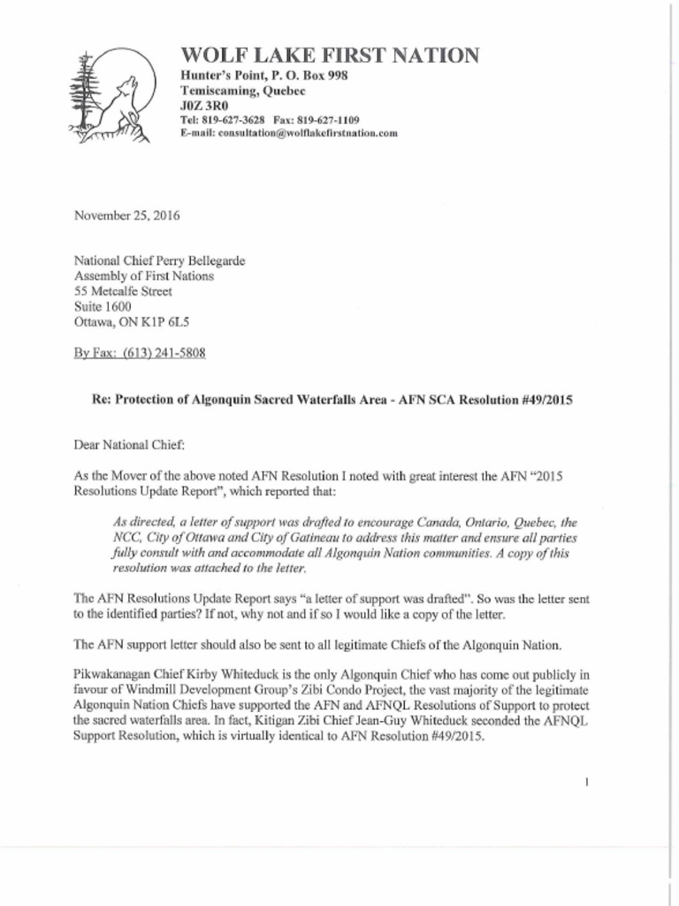 WLFN To AFN Re Sacred Area Support Letter Nov 25 16 | PDF