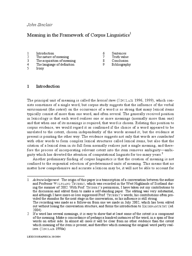Sinclair - Meaning in The Framework of Corpus Linguistics | PDF ...