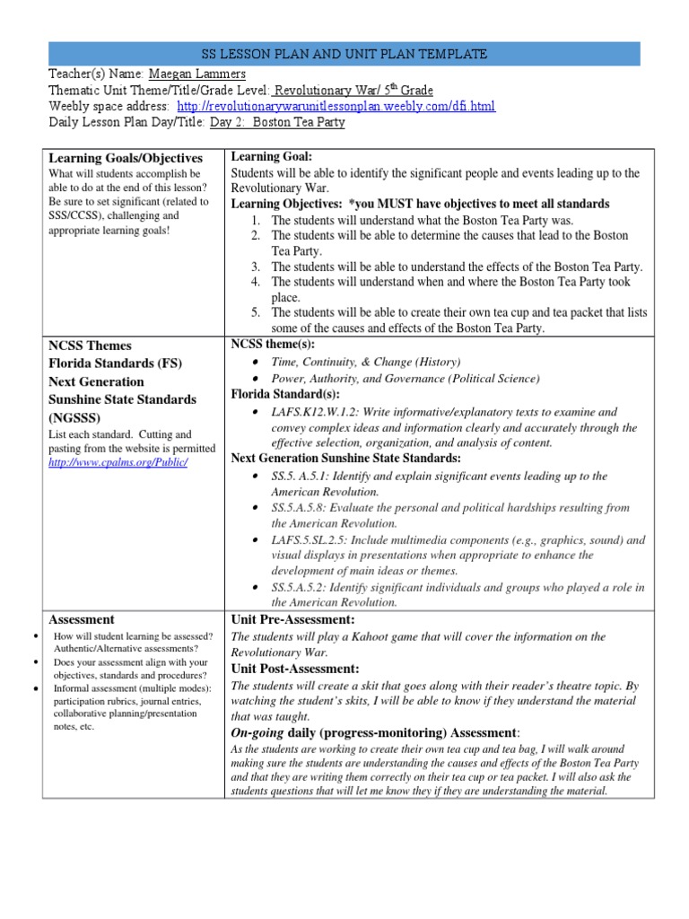 Unit Lesson Plan - Boston Tea Party 2 0 | PDF | Lesson Plan | Learning