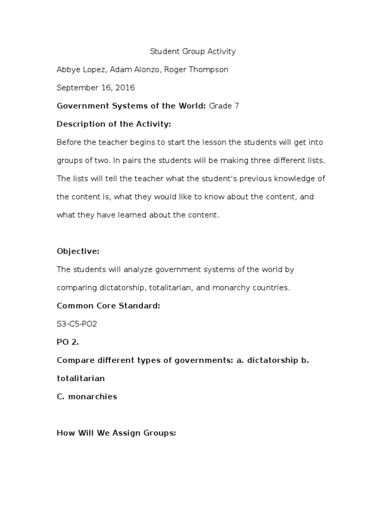Government Systems of The World: Grade 7 Description of The Activity | PDF