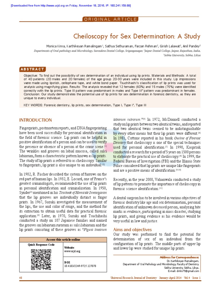 Cheiloscopy For Sex Determination A Study | PDF | Fingerprint ...
