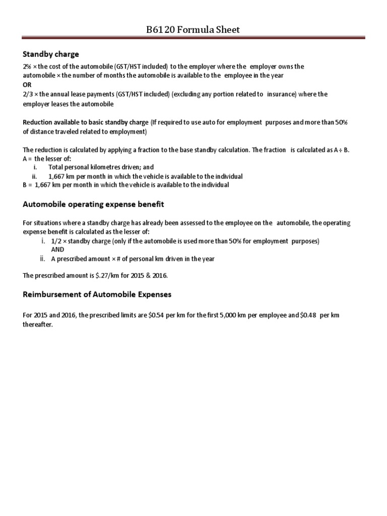 B6120 Formula Sheet: Standby Charge | PDF