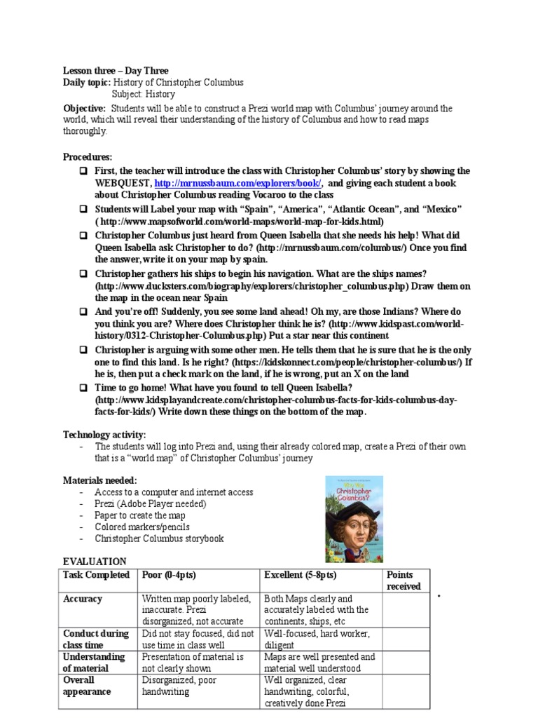Lesson Plan 3 | PDF | Christopher Columbus | Rubric (Academic)