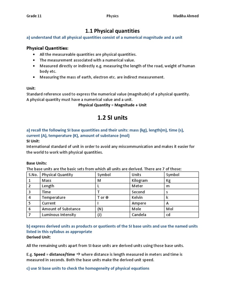 1 1 1 2 Physical Quantities And Si Units Download Free Pdf Units Of