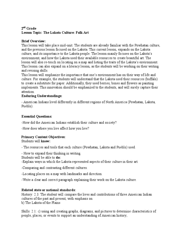 Lakota Culture: 2nd Grade Folk Art Lesson | PDF | Educational ...