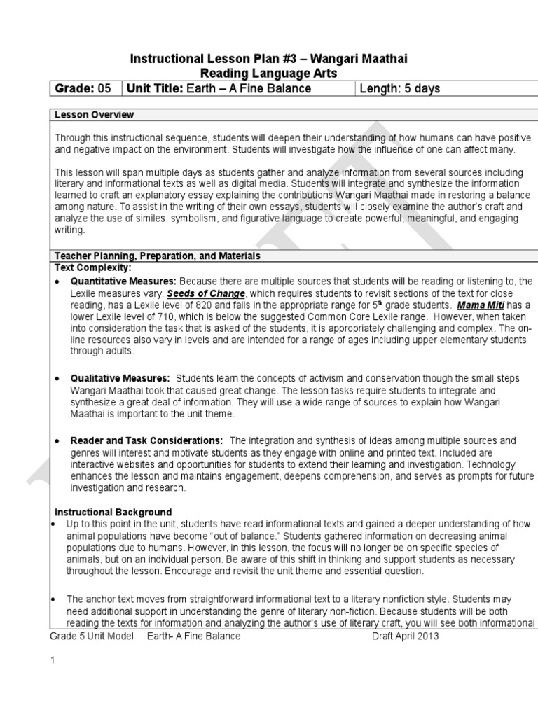 Instructional Lesson Plan #3 - Wangari Maathai Reading Language Arts ...