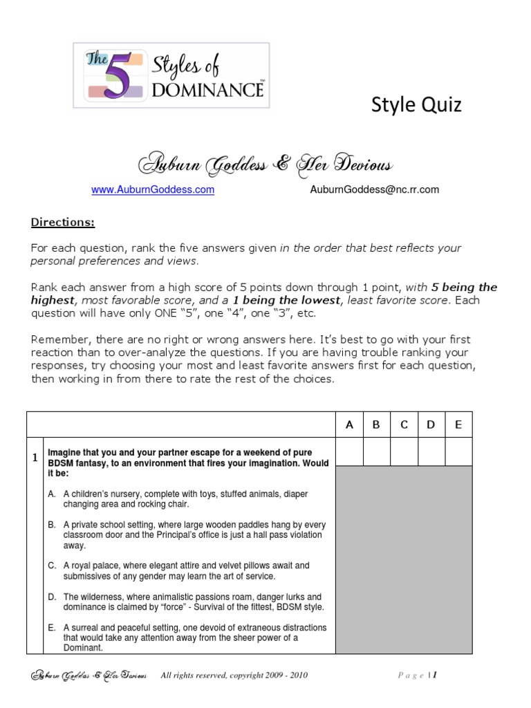 Five Styles of Dominance Quiz | PDF | Bdsm | Human Sexuality