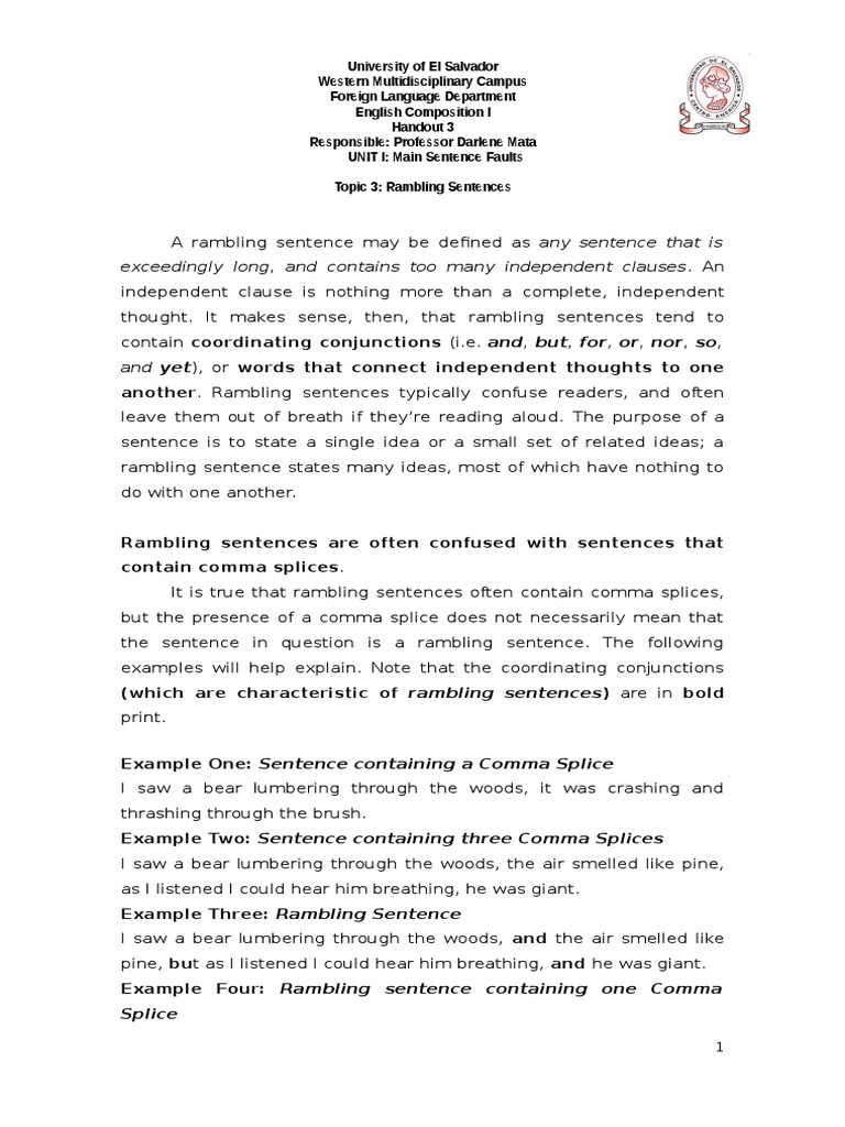 Rambling Sentences Handout | PDF | Sentence (Linguistics) | Comma