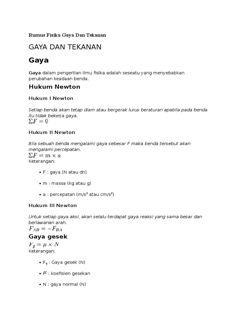 Rumus Fisika Gaya Dan Tekanan | PDF