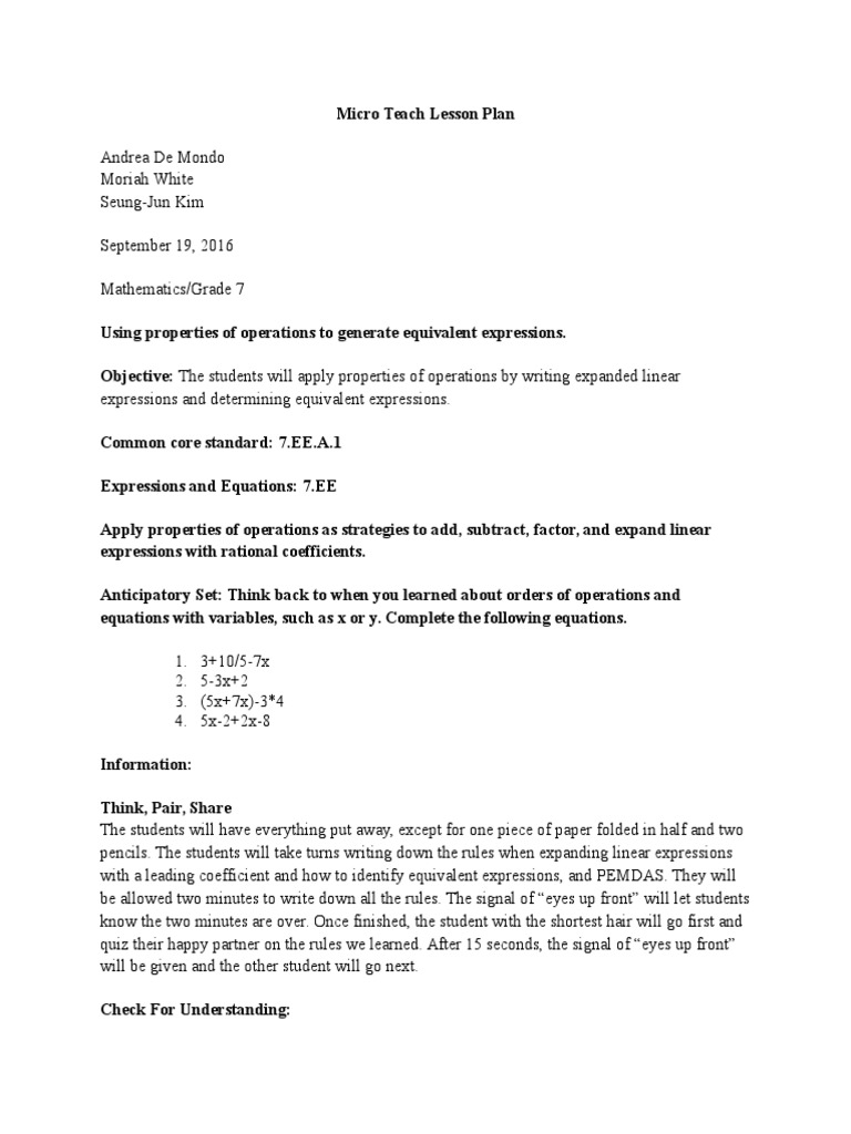 Micro Teach Lesson Plan | PDF | Equations | Cognition
