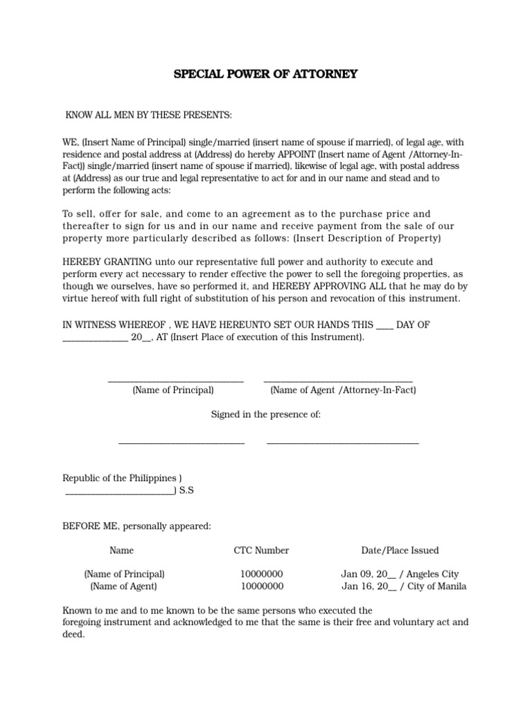 Sample SPA | PDF | Power Of Attorney | Private Law