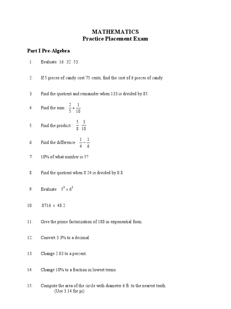 Mathematics Practice Placement Exam: Part I Pre-Algebra | PDF ...