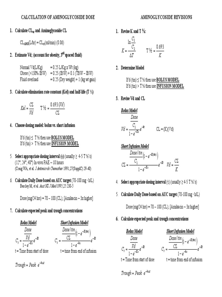 Aminoglycoside and Vancomycin Pharmacokinetics and Dosing Calculations ...