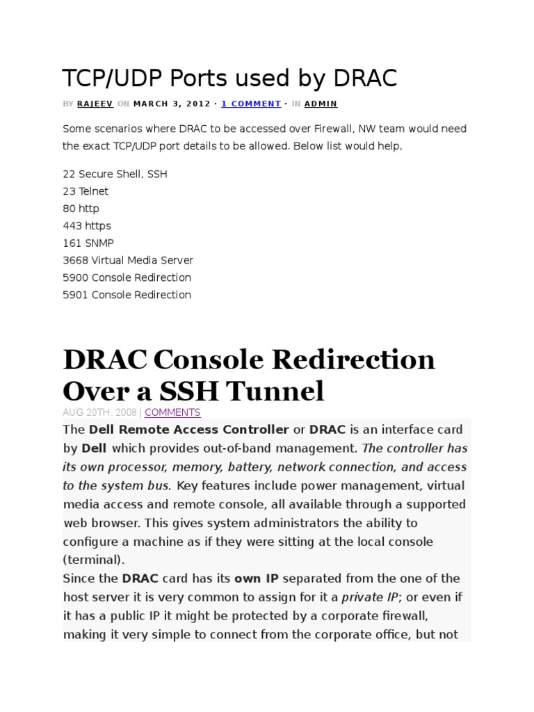 Dell Idrac Tcp-Udp Ports | PDF | Port (Computer Networking) | Secure Shell