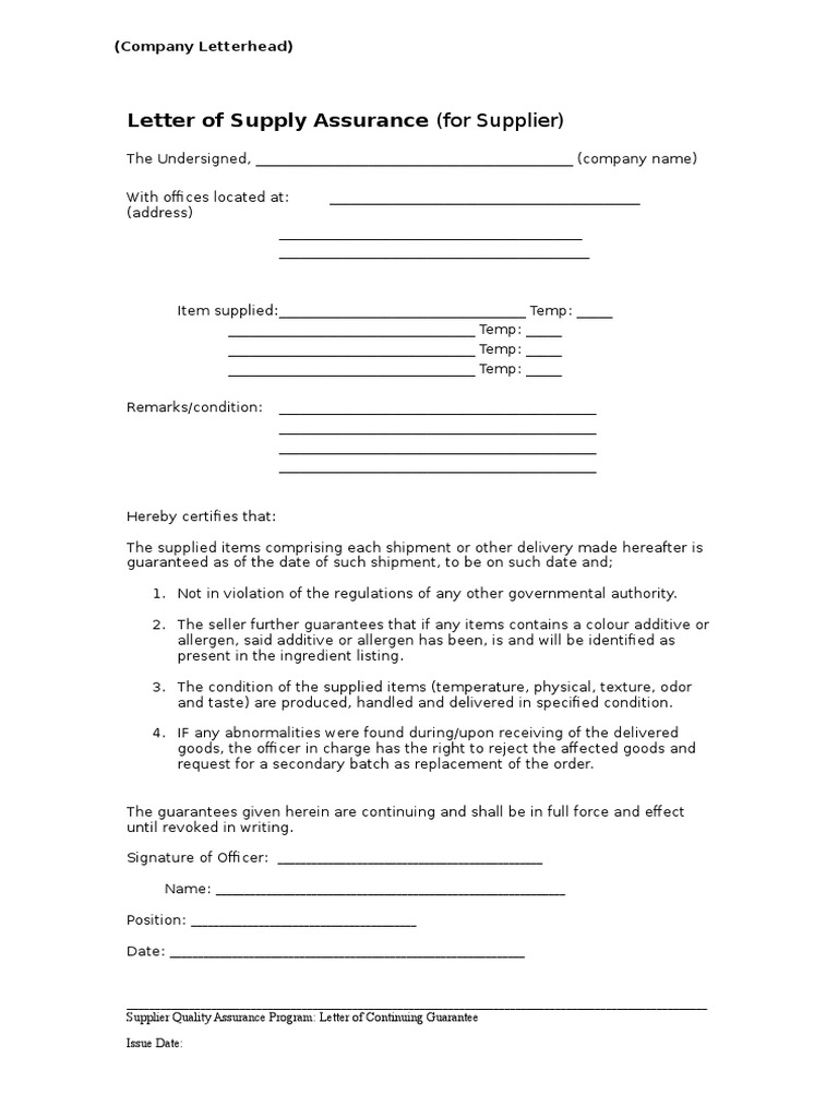 Letter of Supply Assurance | PDF