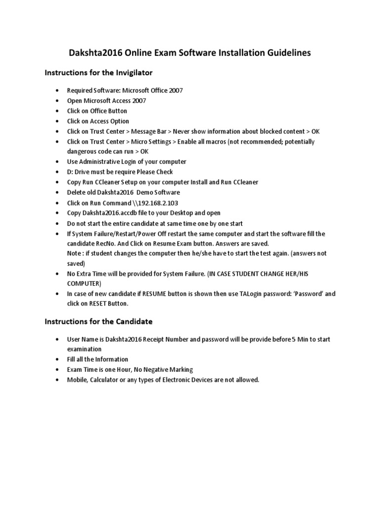 Dakshta2016 Online Exam Software Installation Guidelines: Instructions ...