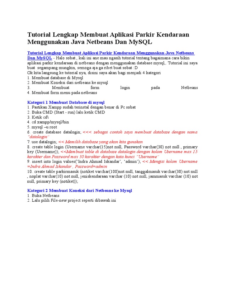 Tutorial Lengkap Membuat Aplikasi Parkir Kendaraan Menggunakan Java Netbeans Dan MySQL | PDF
