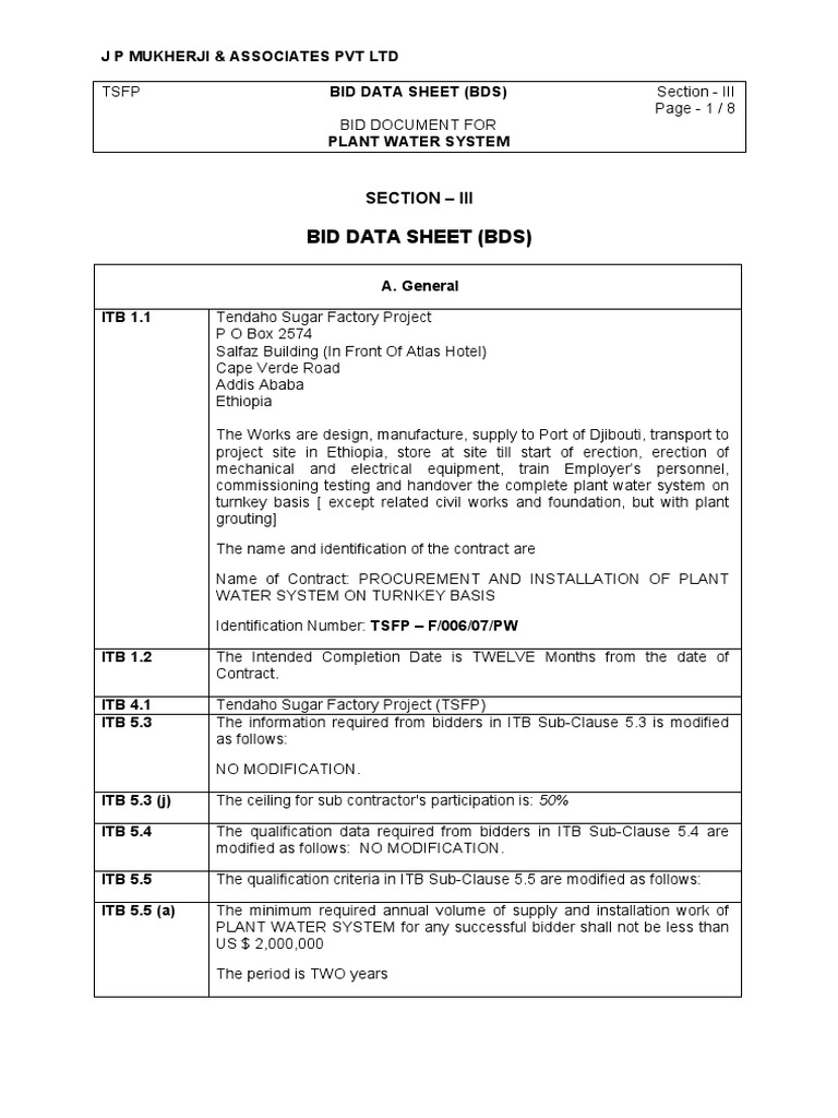 Bid Data Sheet (BDS) : Section - Iii | PDF | Specification (Technical Standard) | Crane (Machine)