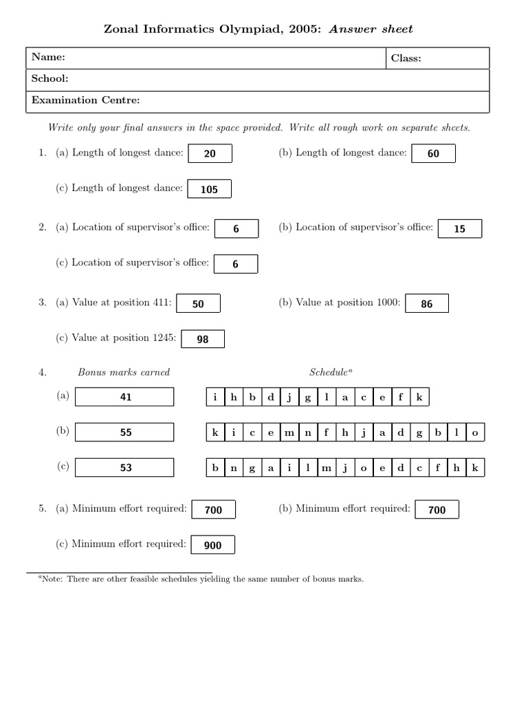 Zonal Informatics Olympiad, 2005: Answer Sheet | PDF