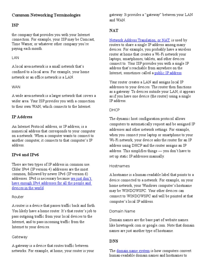 Common Networking Terminologies ISP NAT: Network Address Translation, or NAT | PDF | Computer ...