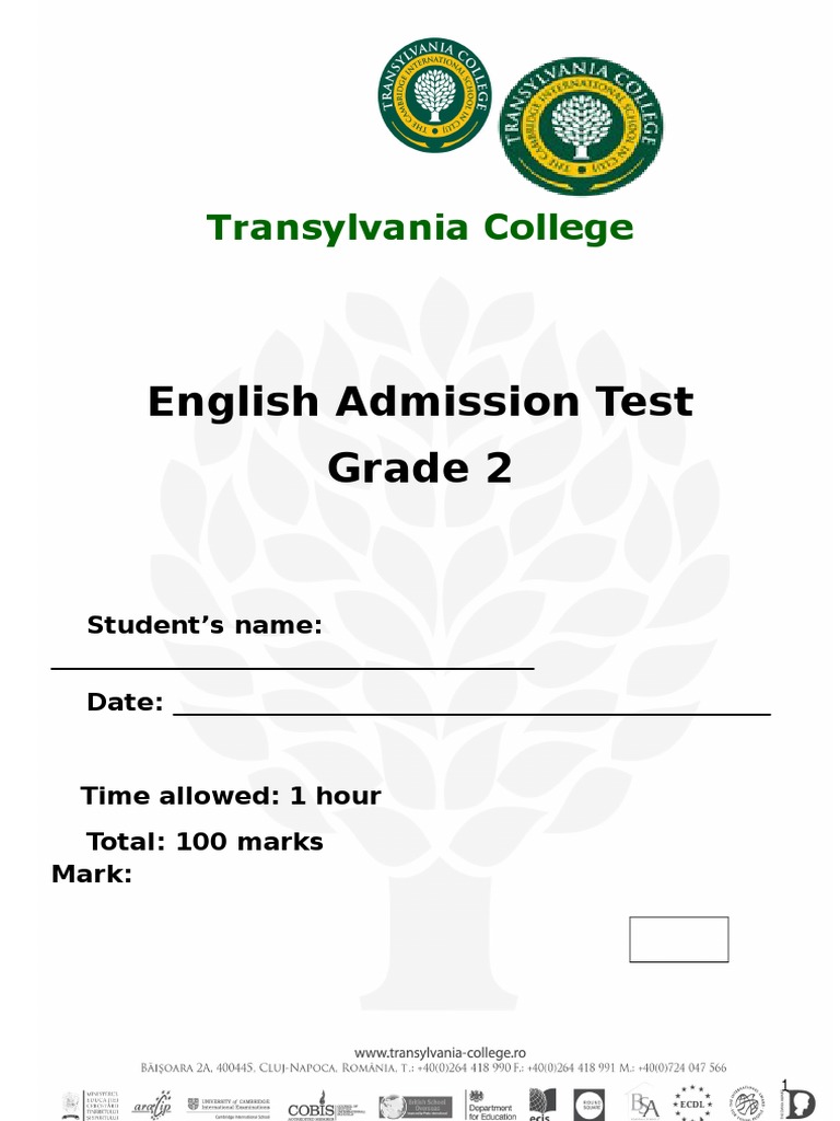 Grade 2 English Admission Test Paper | PDF