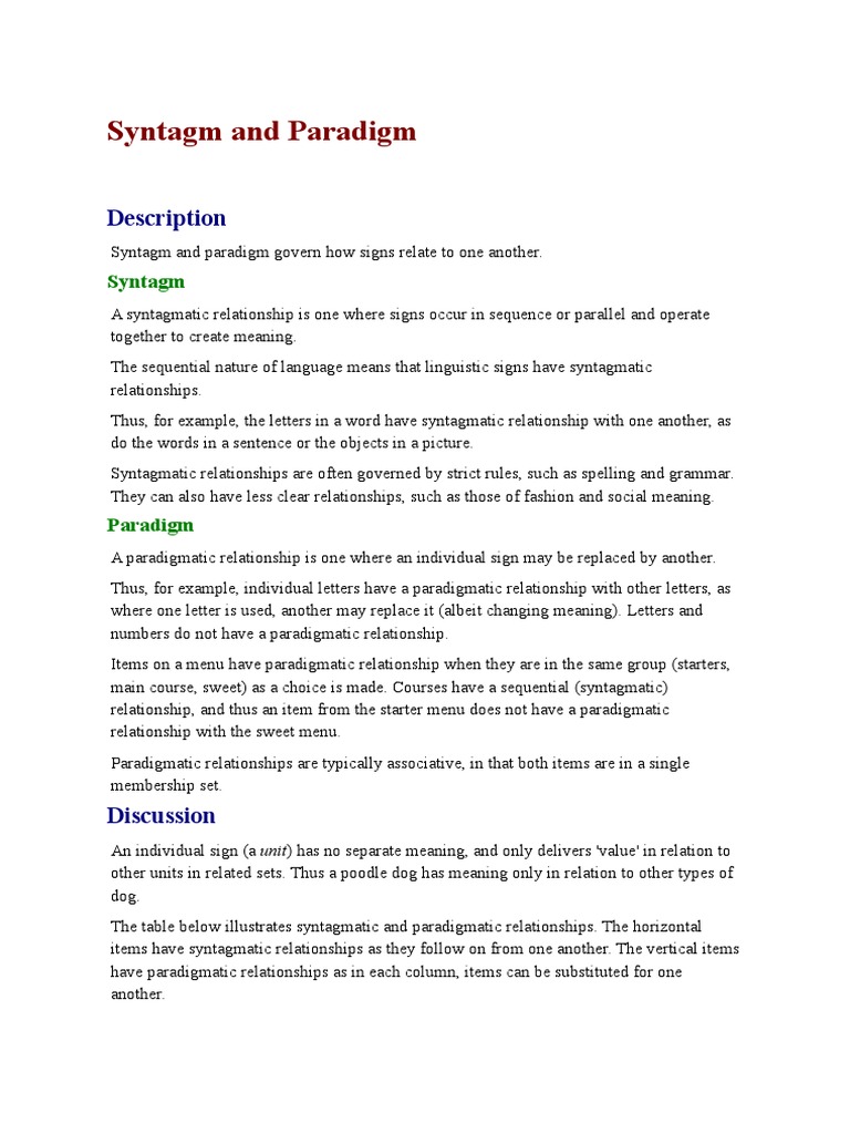 Syntagm and Paradigm | PDF