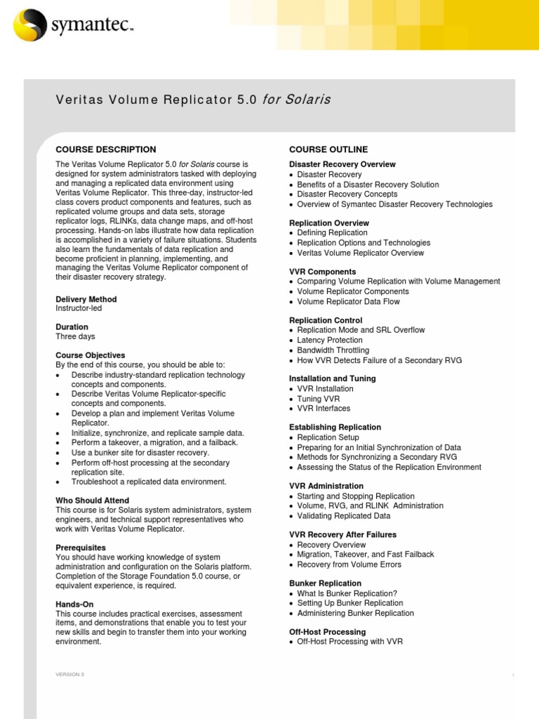 Veritas Volume Replicator 5.x For Solaris - COURSE DESCRIPTION | PDF ...