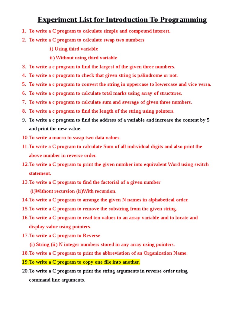 Experiment List For Introduction To Programming | PDF