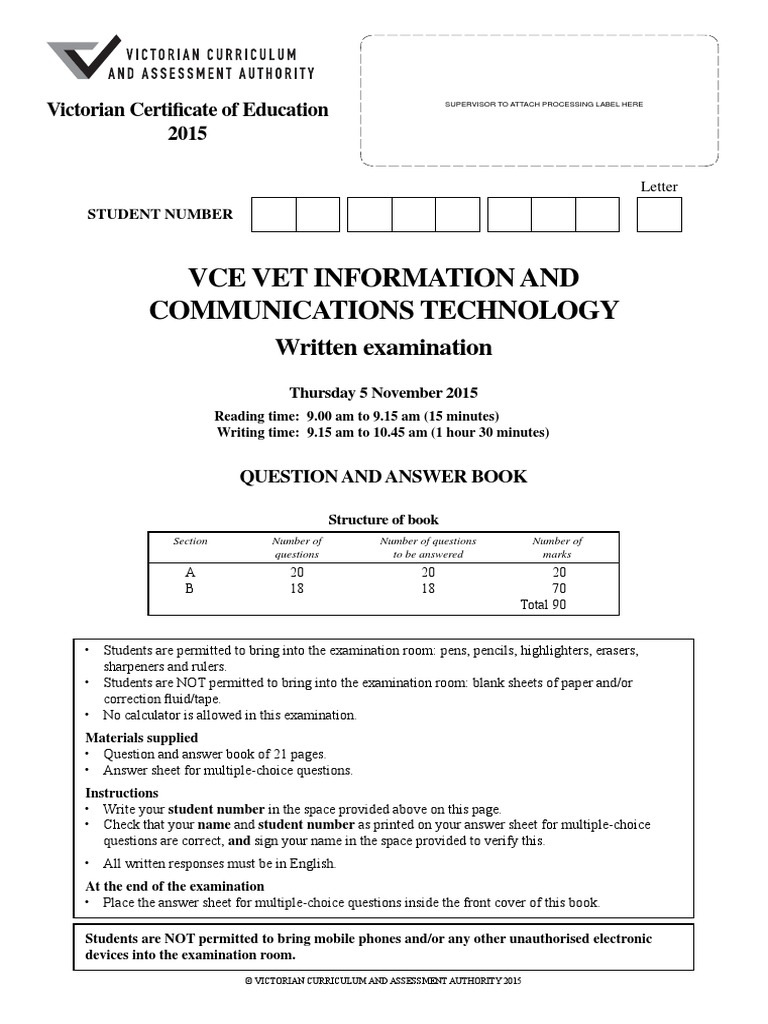 Vce Vet Information and Communications Technology: Written Examination ...