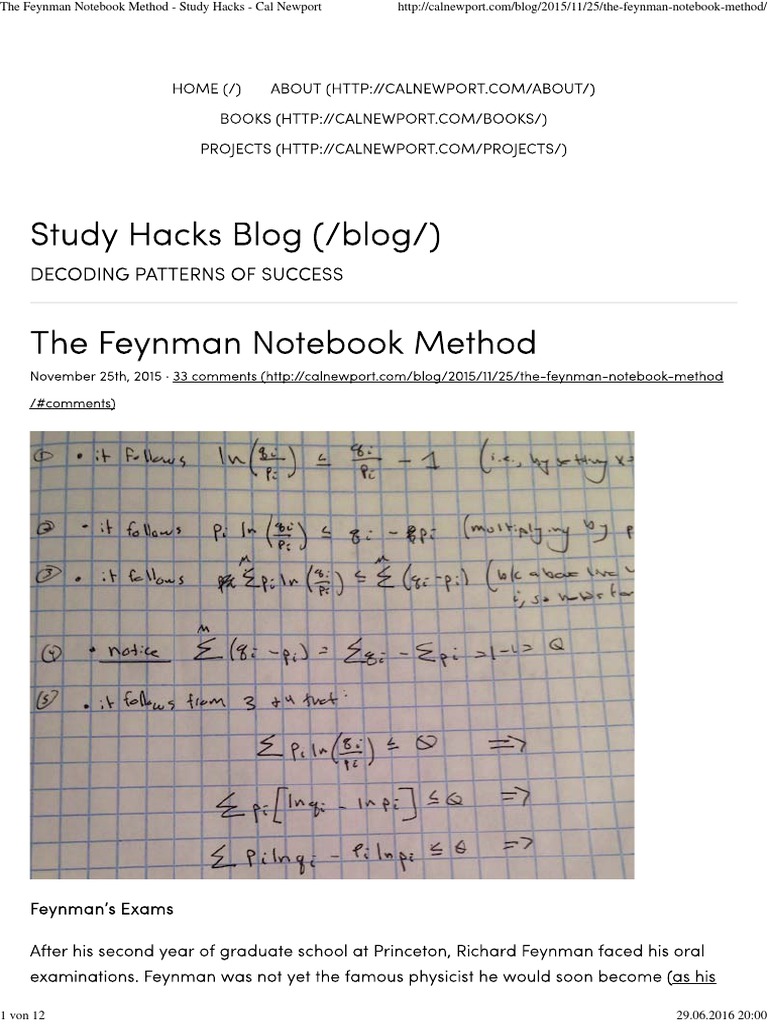 The Feynman Notebook Method - Study Hacks - Cal Newport | PDF