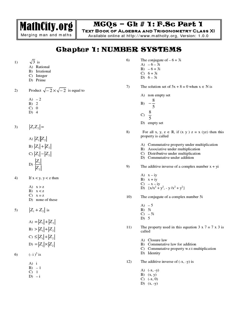 MCQ FSC part 1.pdf | Numbers | Complex Number