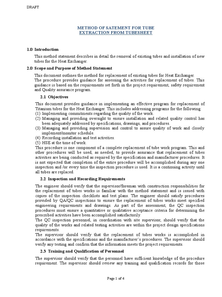 Method Statement For Retubing | PDF | Quality Assurance | Pipe (Fluid ...