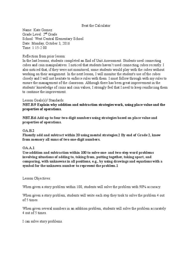 Beat the Calculator: 2nd Grade Math Lesson | PDF | Homework | Teaching ...