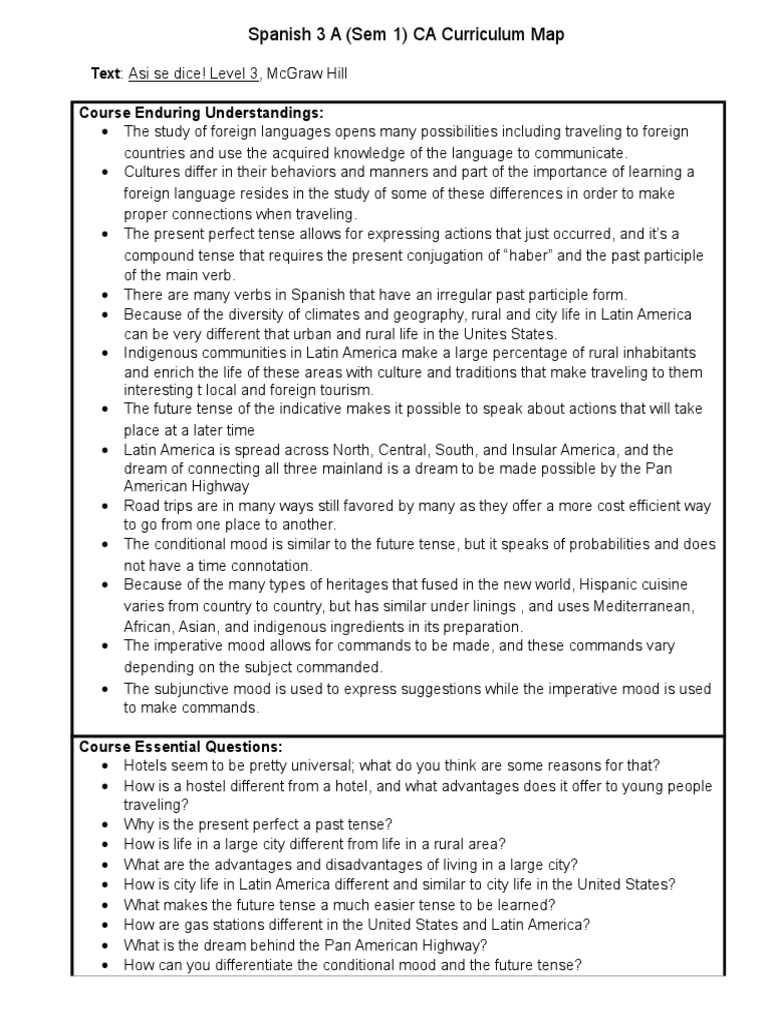 Spanish 3 Curriculum Map (20-A) | PDF | Grammatical Tense | Perfect ...