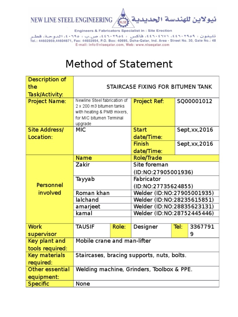 Method of Statement (Staircase) | PDF | First Aid | Welding