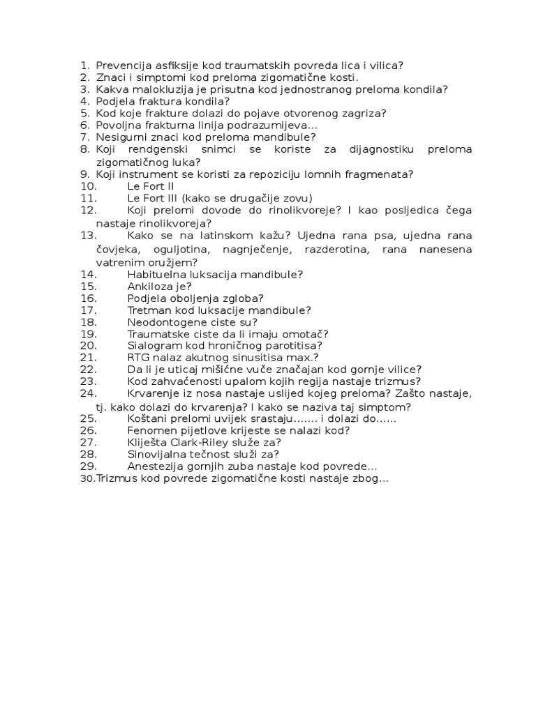 Maksilofacijalna Hirurgija, Pitanja | PDF