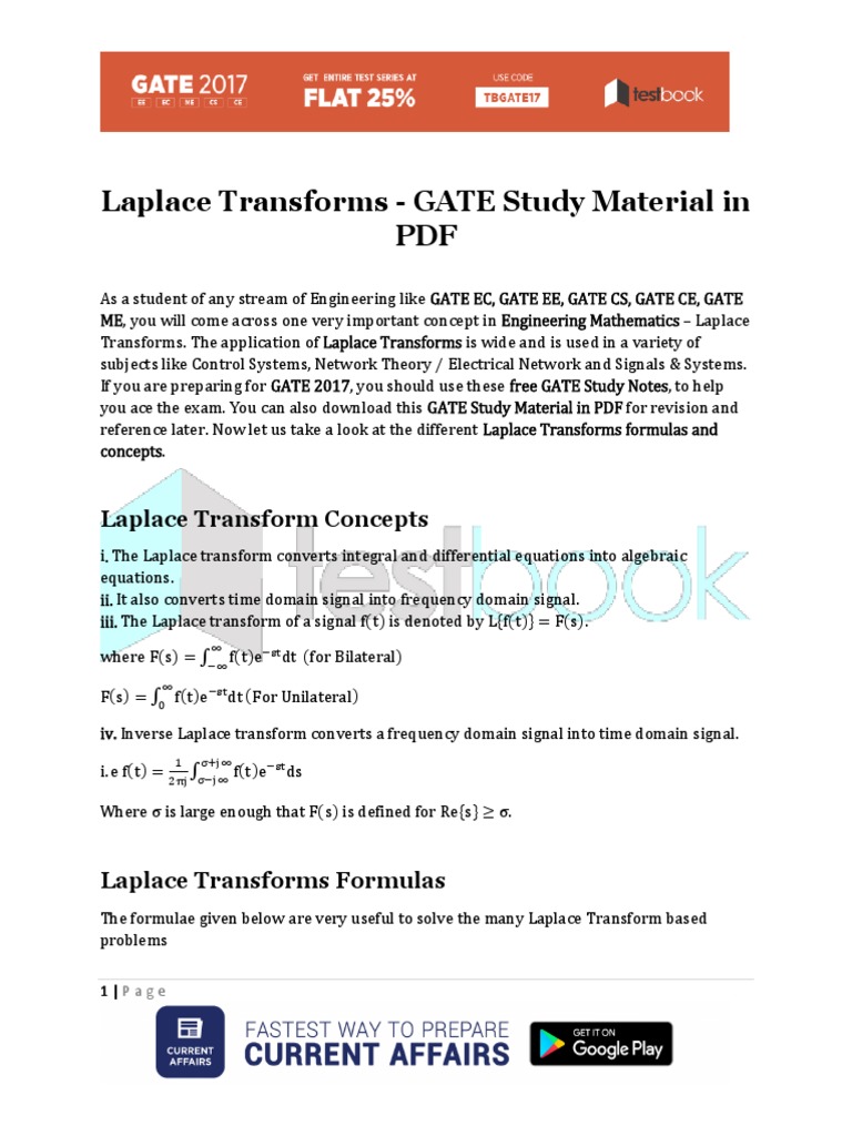 Laplace Transforms - GATE Study Material in PDF | PDF | Laplace Transform | Functions And Mappings