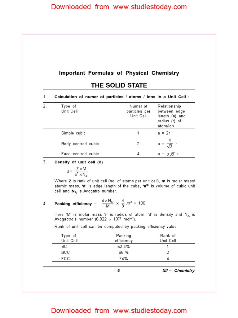 CBSE Class 12 Chemistry - Important Formulas All Chapters | PDF | Mole ...