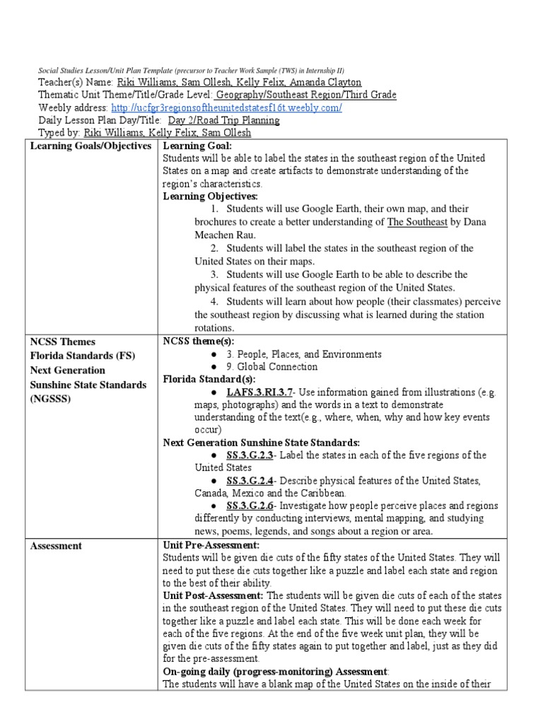 Social Studies Lesson/Unit Plan Template: (Precursor To Teacher Work ...